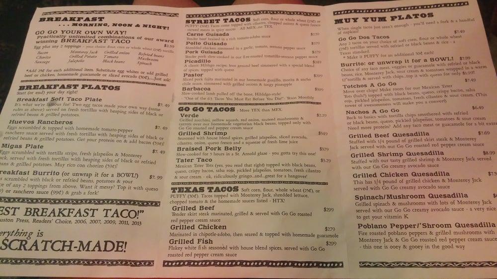 Menu at Tacos A Go Go restaurant, Houston, White Oak Dr