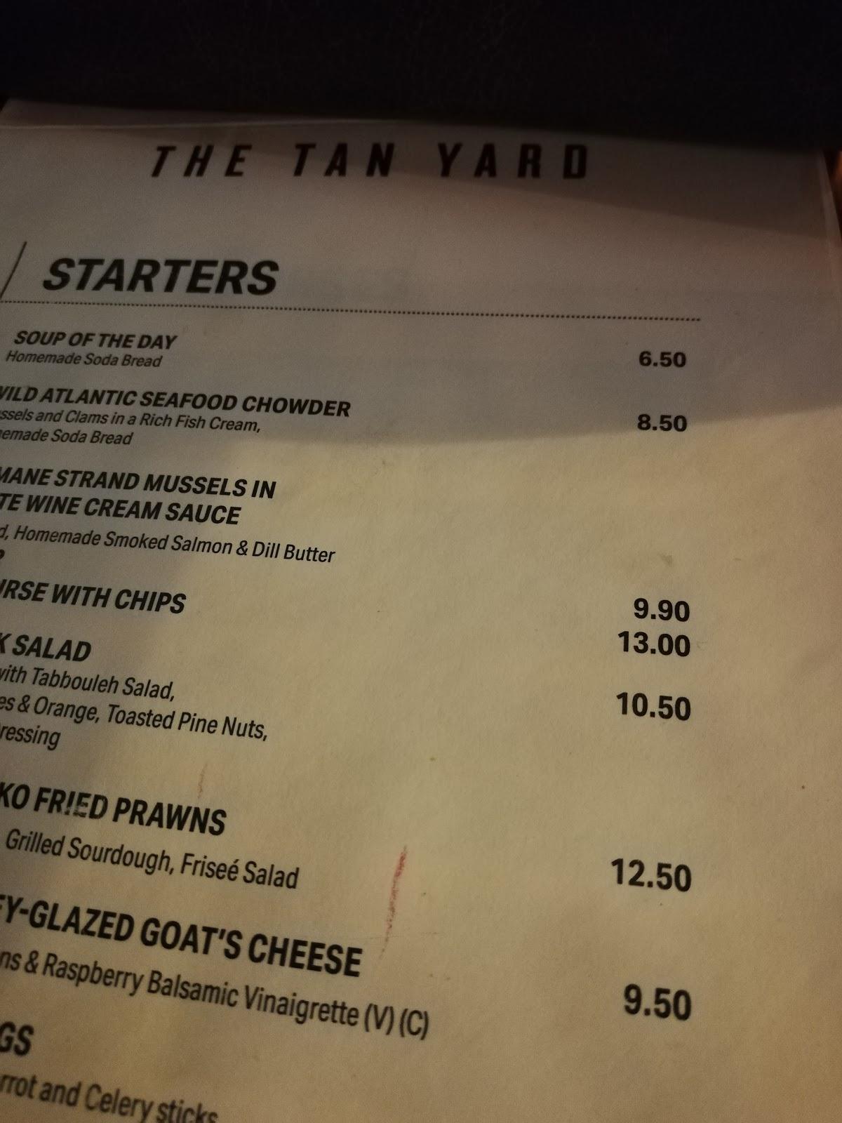 Menu at The Tan Yard restaurant, Killarney