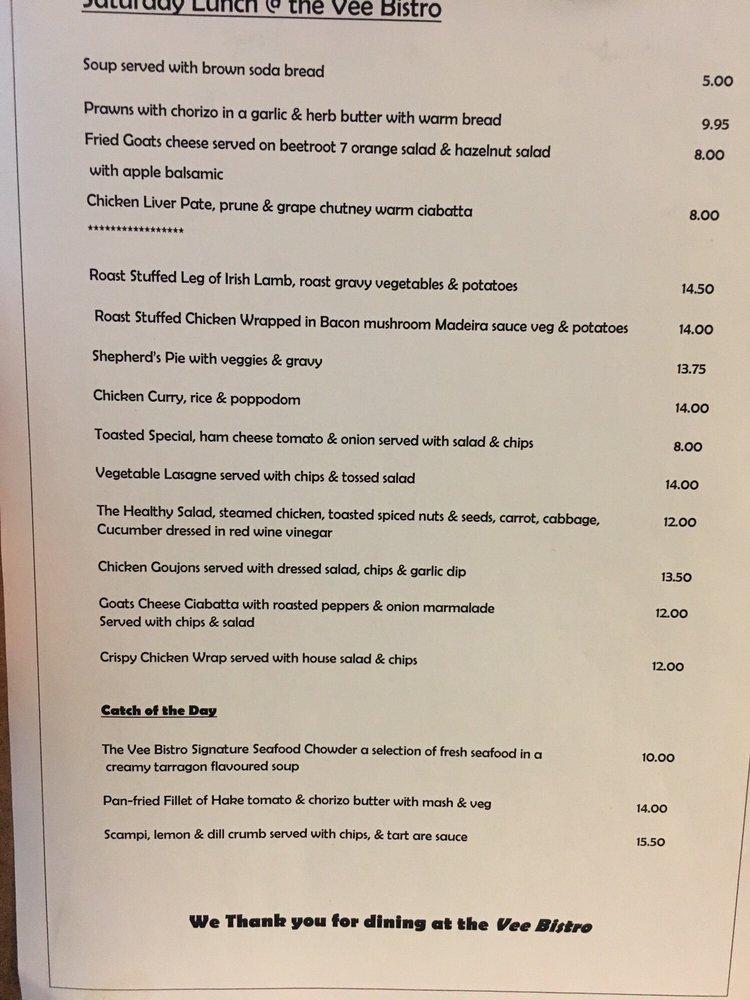 Menu at Vee Café cafe, Tramore, 1 Lower Main Street