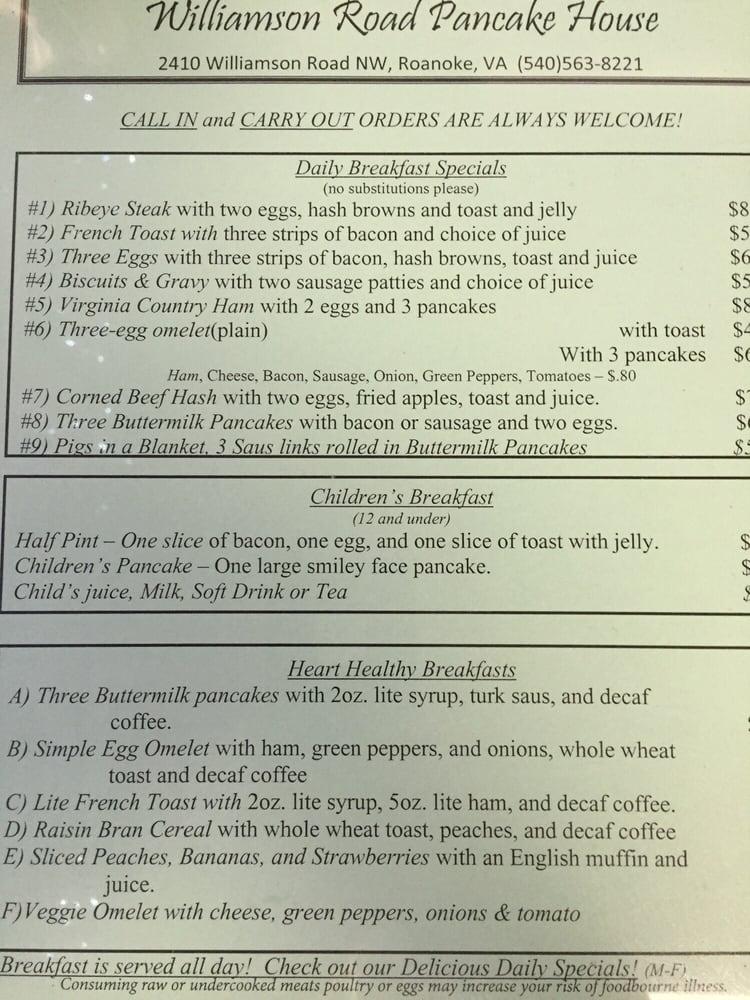 Menu at Williamson Road Pancake House restaurant, Roanoke, Williamson Rd NE
