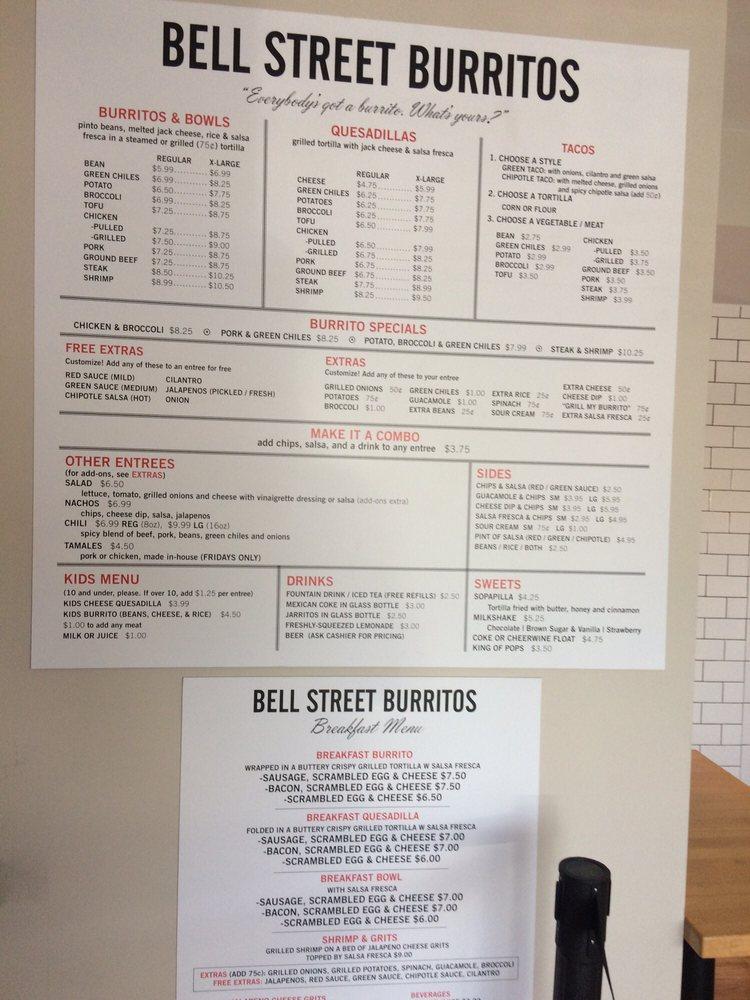 Menu at Bell Street Burritos restaurant, Tucker