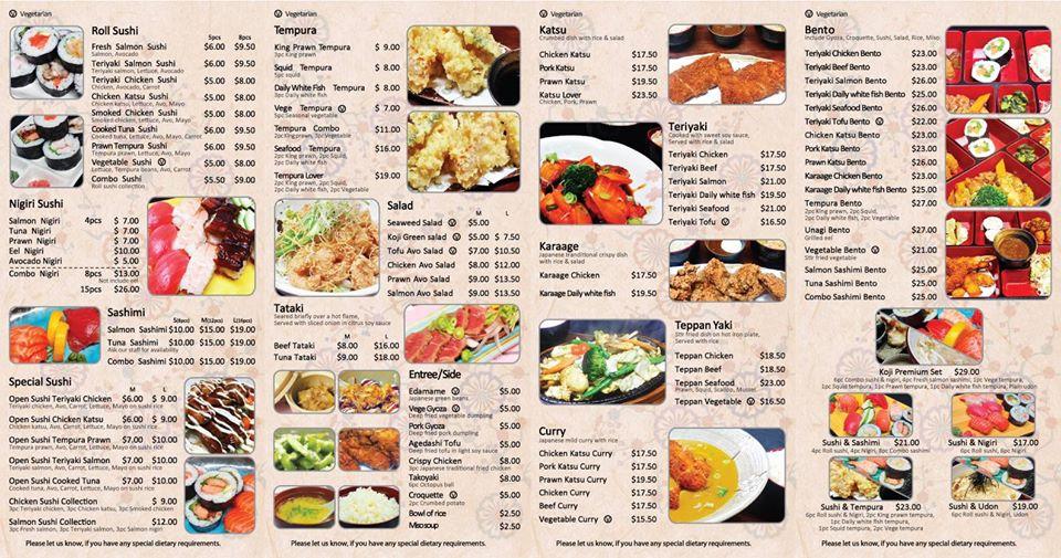 Menu at Koji Japanese Restaurant, Ashburton