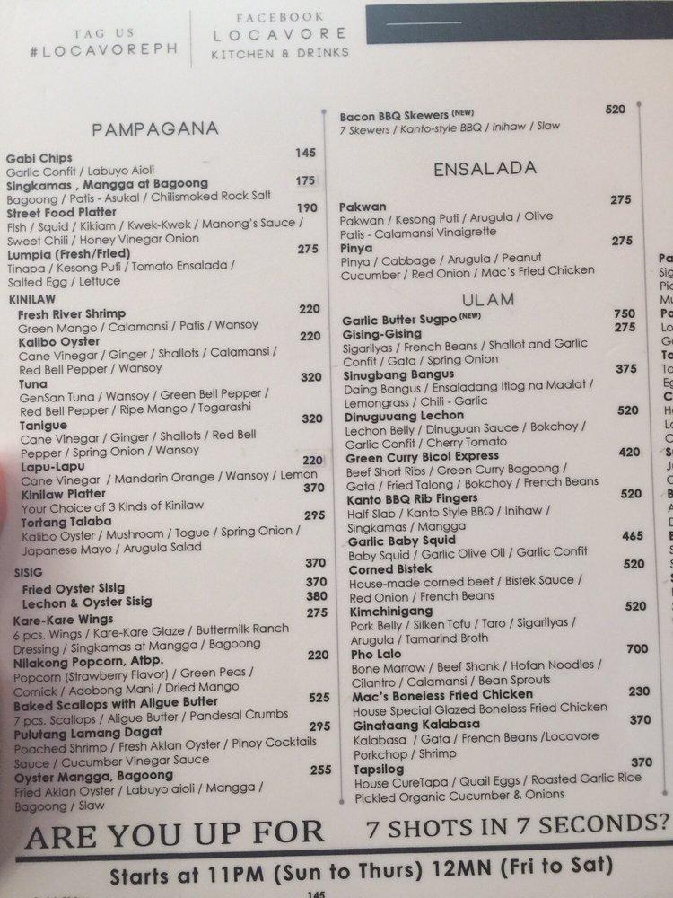 Menu at Locavore BGC restaurant, Taguig, Forbes Town Center
