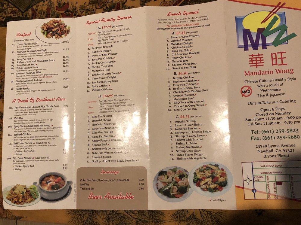 Menu at Mandarin Wong Chinese Restaurant, Santa Clarita