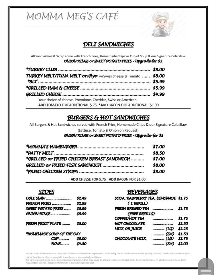 Menu at Momma Meg's Cafe, Micco