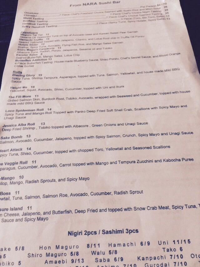 Menu at Nara restaurant, San Francisco, 518 Haight St