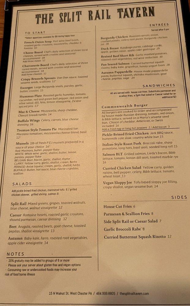 Menu at Split Rail Tavern pub & bar, West Chester