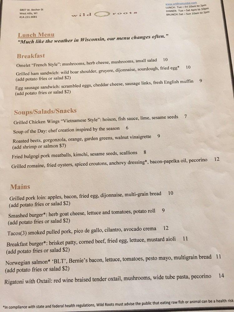 Menu at Wild Roots Restaurant, West Allis