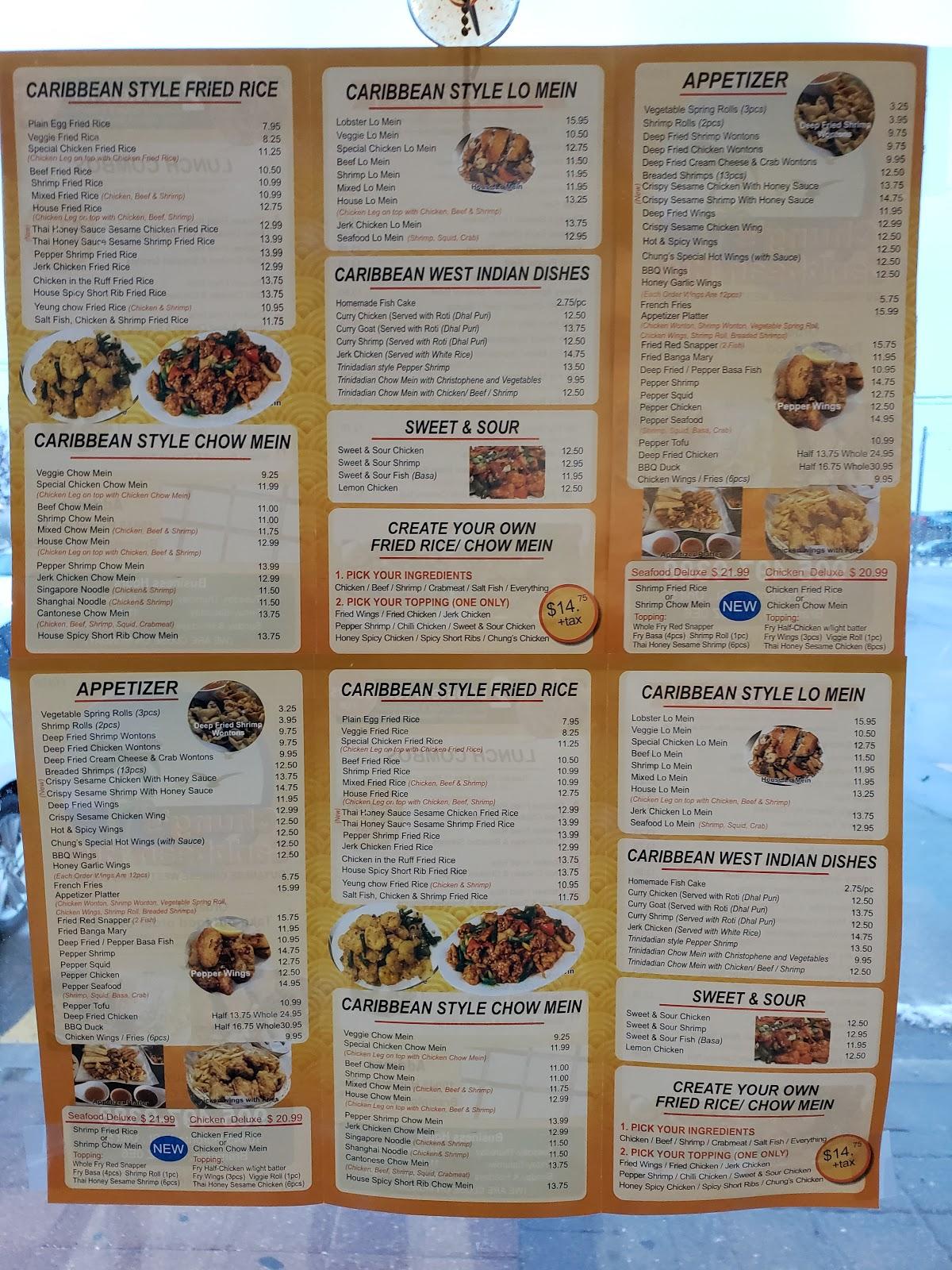 Menu at Chung’s Caribbean Hut restaurant, Brampton
