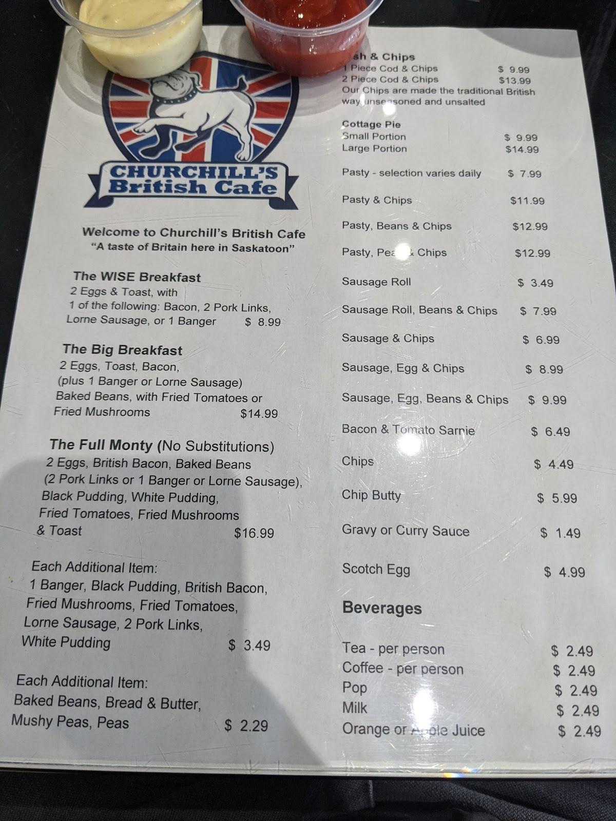 Menu at Churchill's British Cafe and Food Emporium, Saskatoon