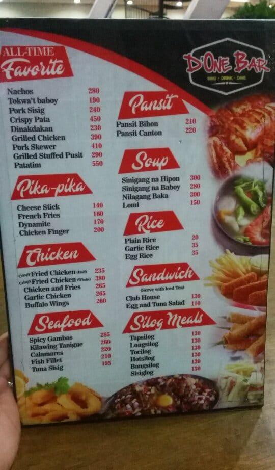 Menu at D' One Bar, Dasmariñas