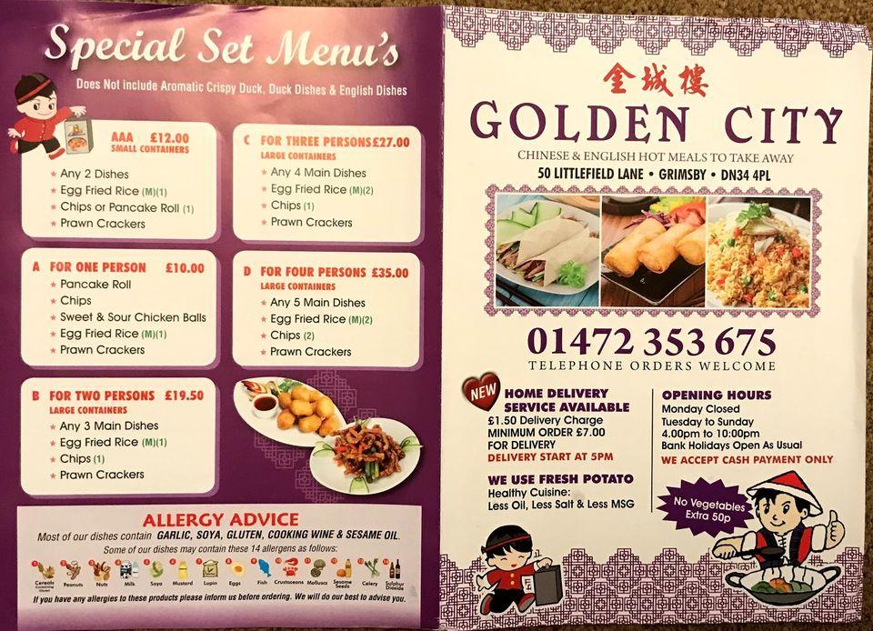 Menu at Golden City fast food, Grimsby