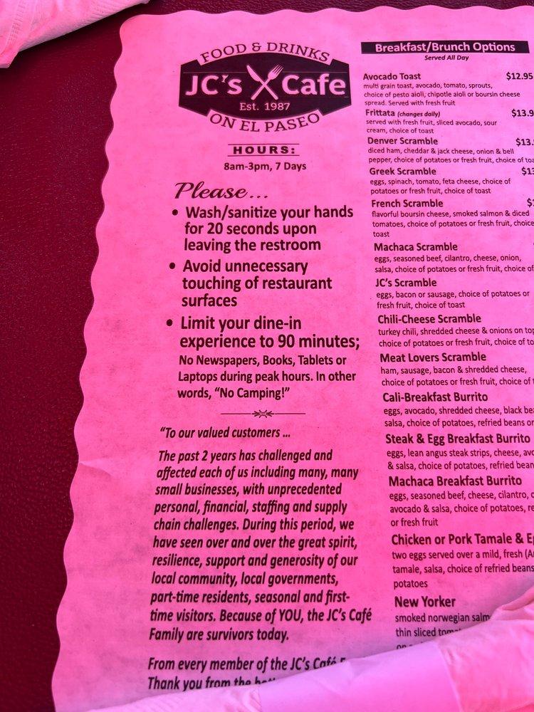 Menu at JC’s Cafe, Palm Desert