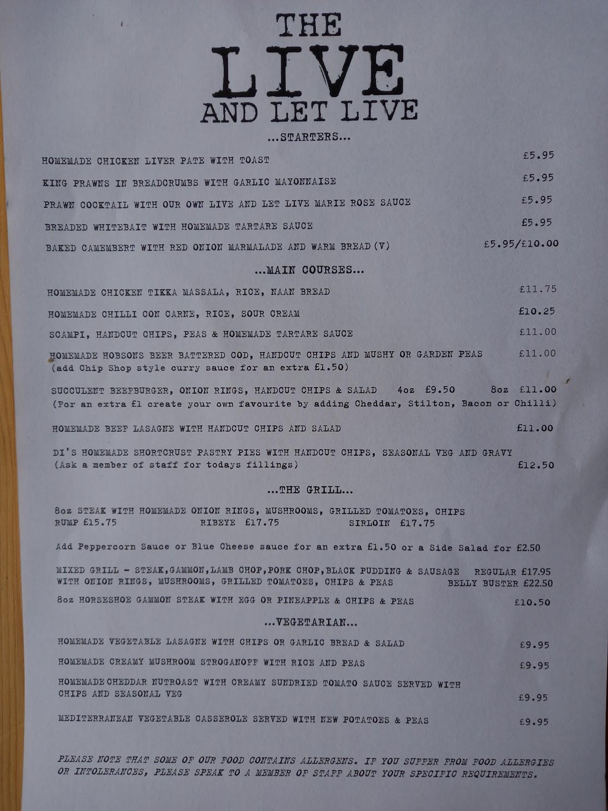 Menu at The Live and Let Live, Neen Sollars pub & bar, England, Neen ...