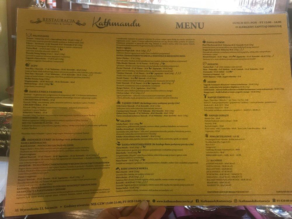 Menu at Restauracja Kathmandu restaurant, Szczecin