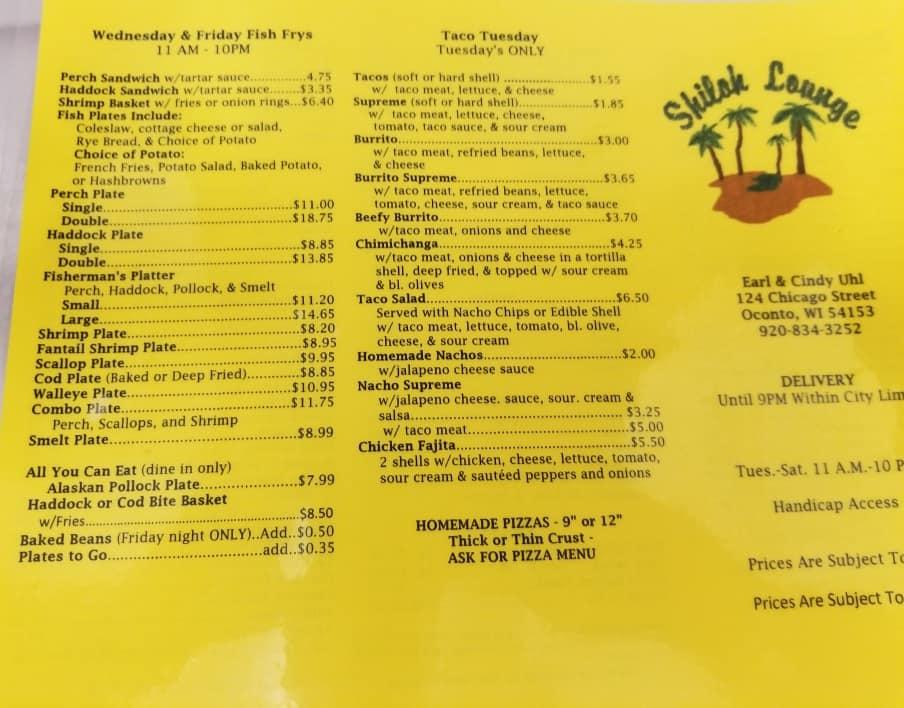 Menu at Shiloh Lounge pub & bar, Oconto