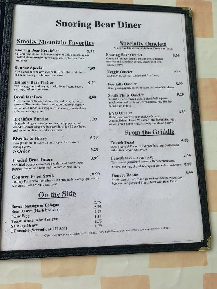 Menu at Snoring Bear Diner restaurant, Walland