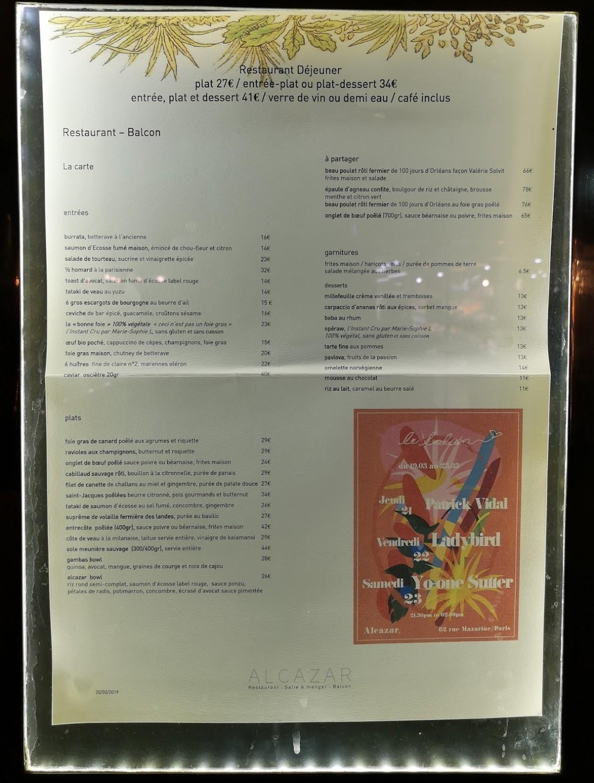 Carta del restaurante Terrasse del l'Alcazar, Paris, 62 Rue Mazarine