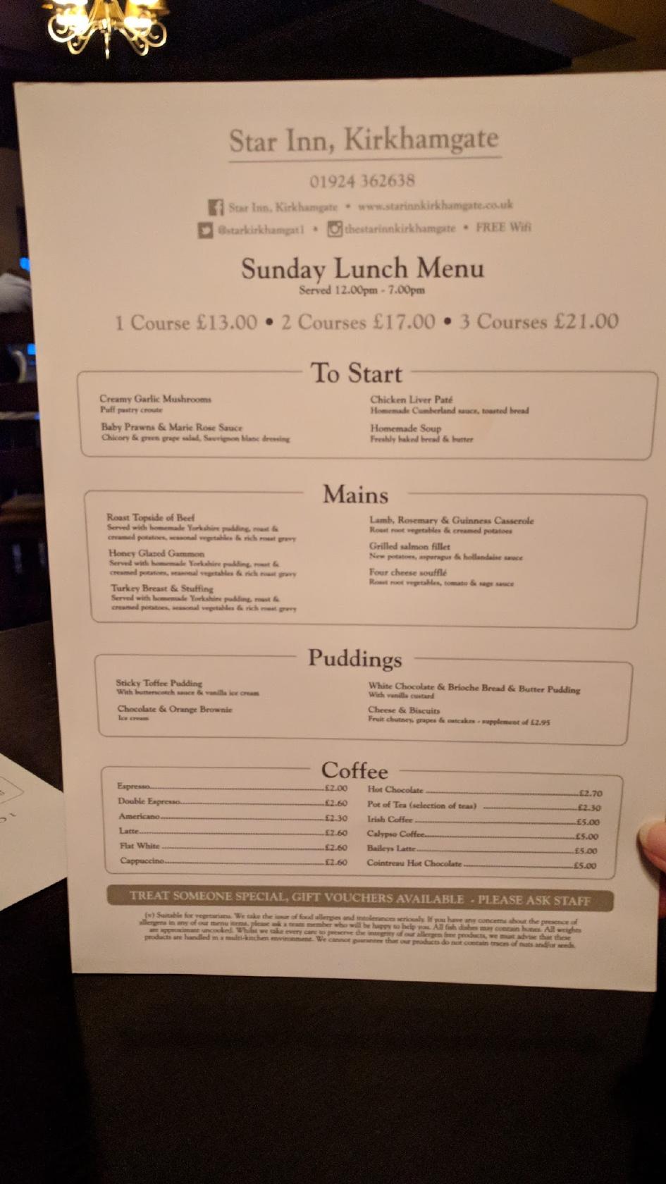 Menu at The Star Inn pub & bar, Wakefield, 245 Batley Rd