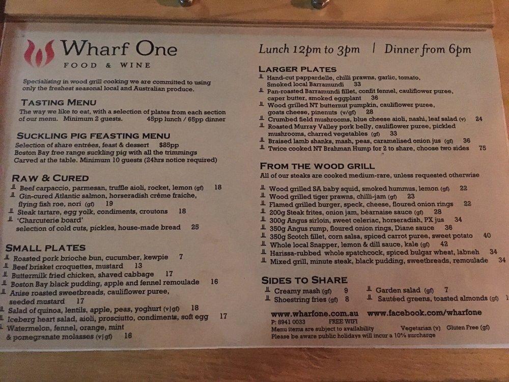 Menu at Wharf One Food & Wine pub & bar, Darwin City