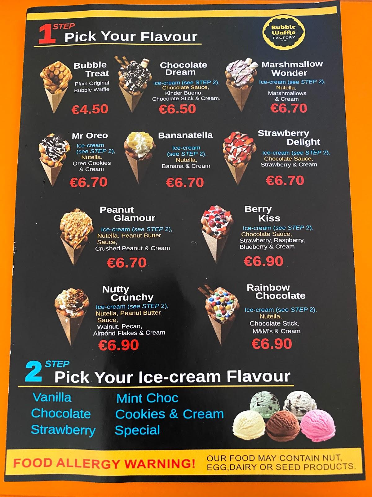 Menu at Bubble Waffle Factory desserts, Dublin, 20 Liffey St. Lower