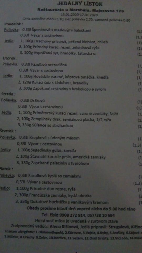 Menu at Reštaurácia u Marshala restaurant, Vranov nad Topľou