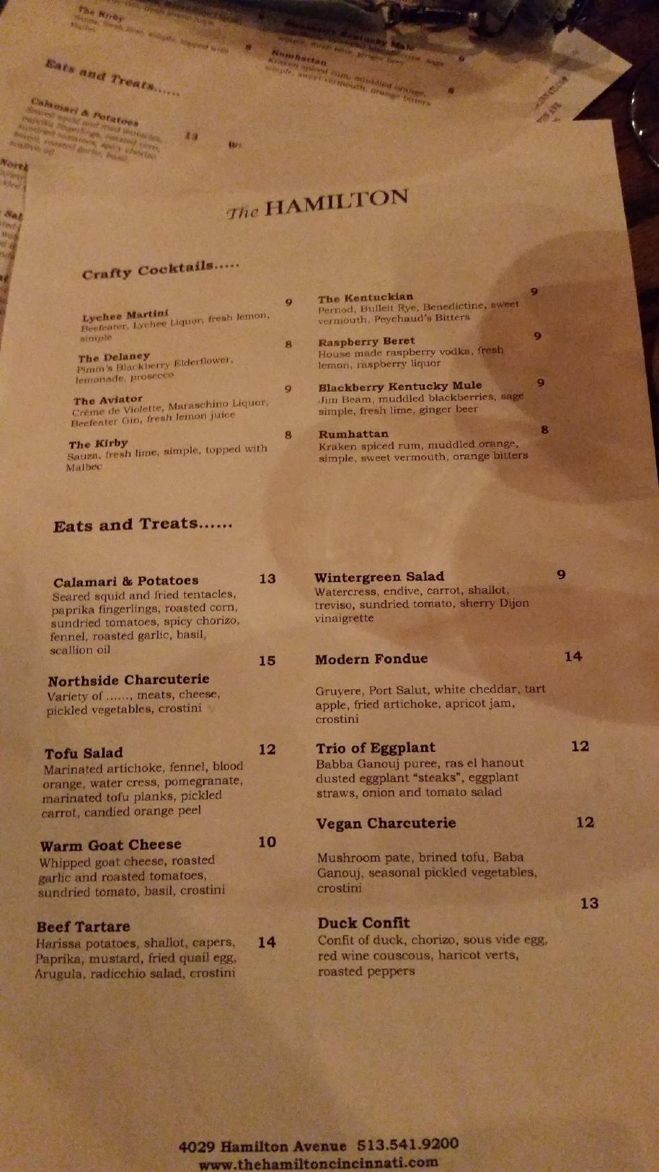Menu at The Hamilton pub & bar, Cincinnati, Hamilton Ave