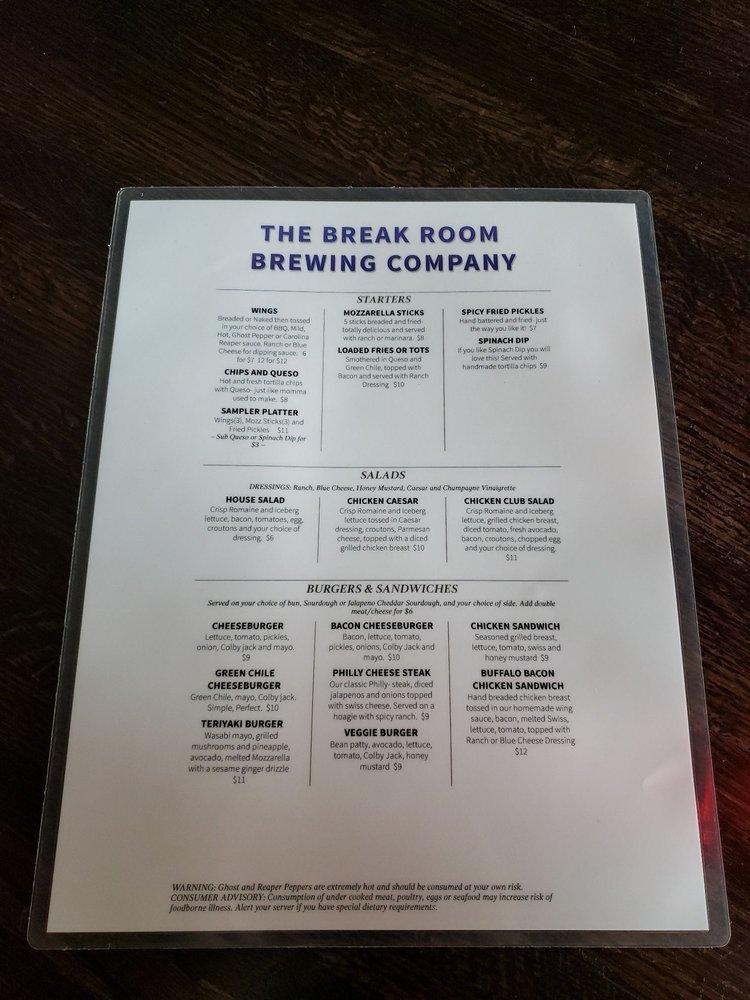 Menu at The Break Room Brewing Company pub & bar, Pagosa Springs