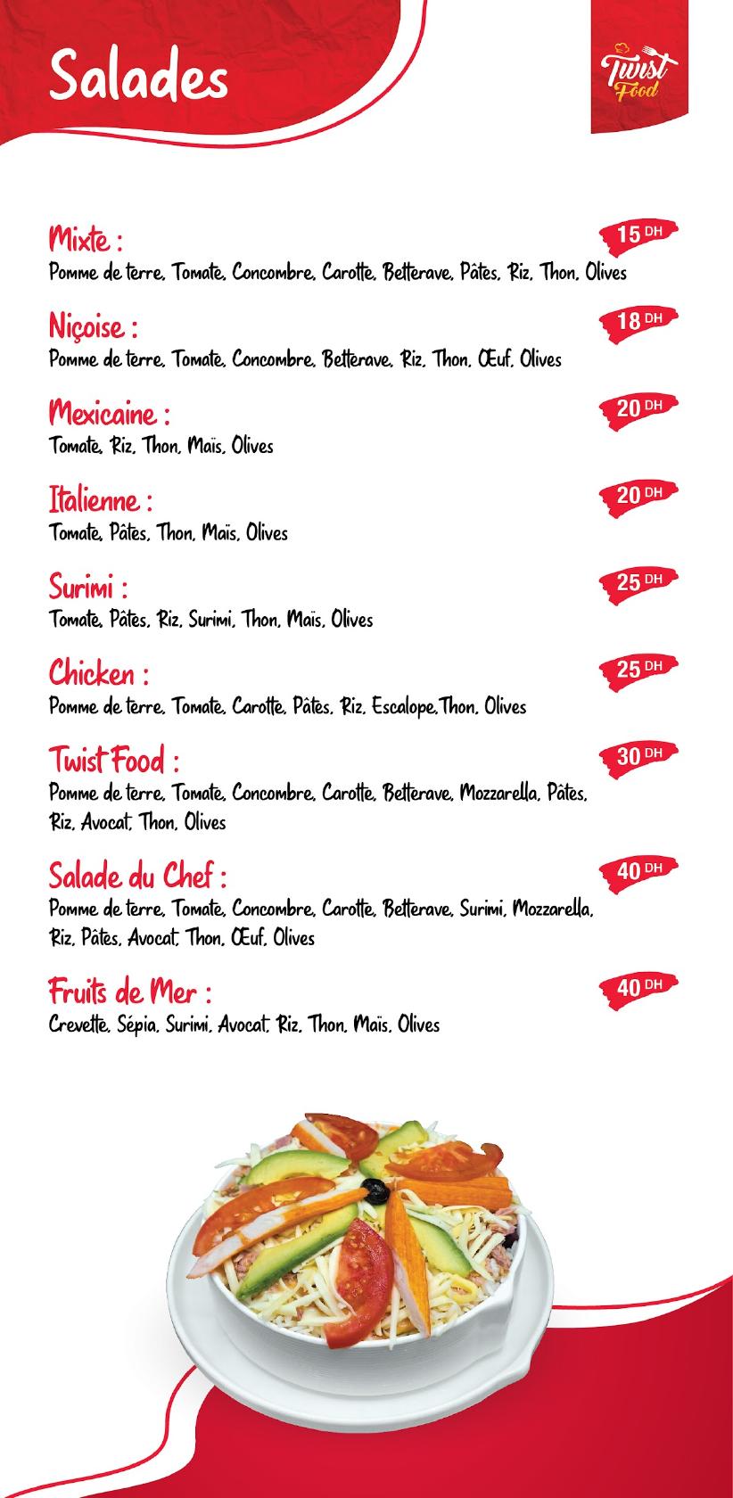 Menu au Twist Food restaurant, Tiznit