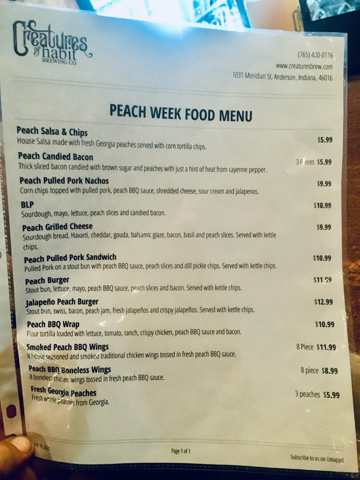 Menu at Creatures of Habit Brewing Co restaurant, Anderson