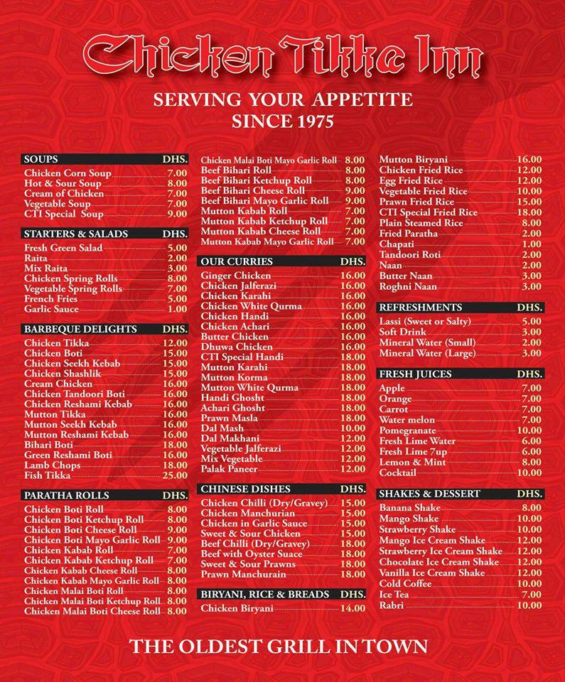 Menu at Dubai Chicken Tikka Inn restaurant, Sharjah