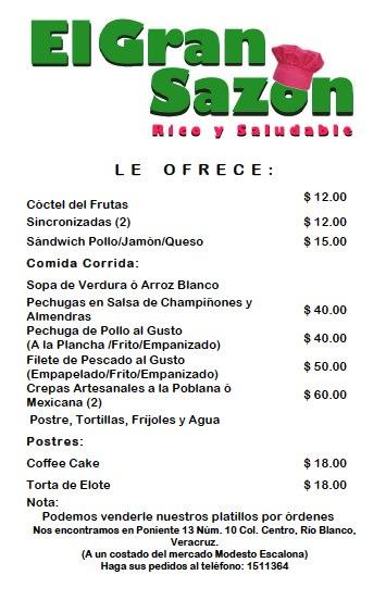 Menu at El Gran Sazón restaurant, Río Blanco