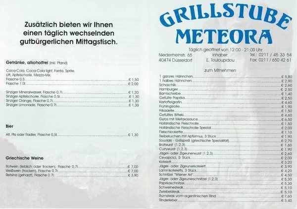 Menu at Grillstube Meteora restaurant, Düsseldorf