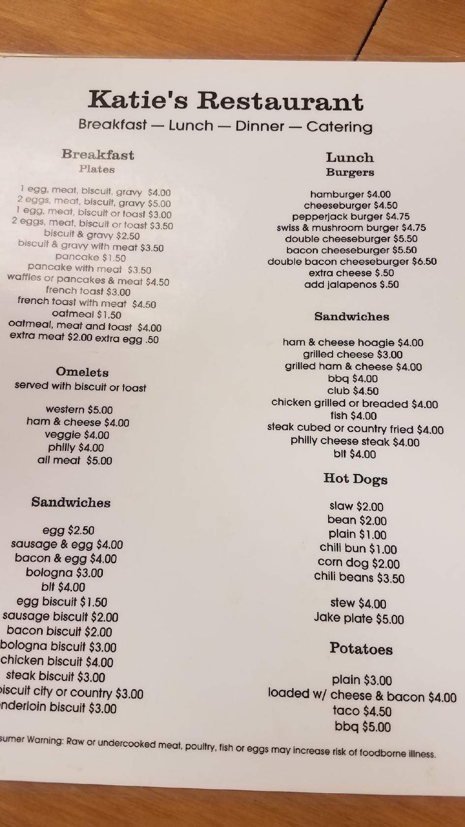 Menu at Katie's Carry Out & Catering restaurant, LaFollette