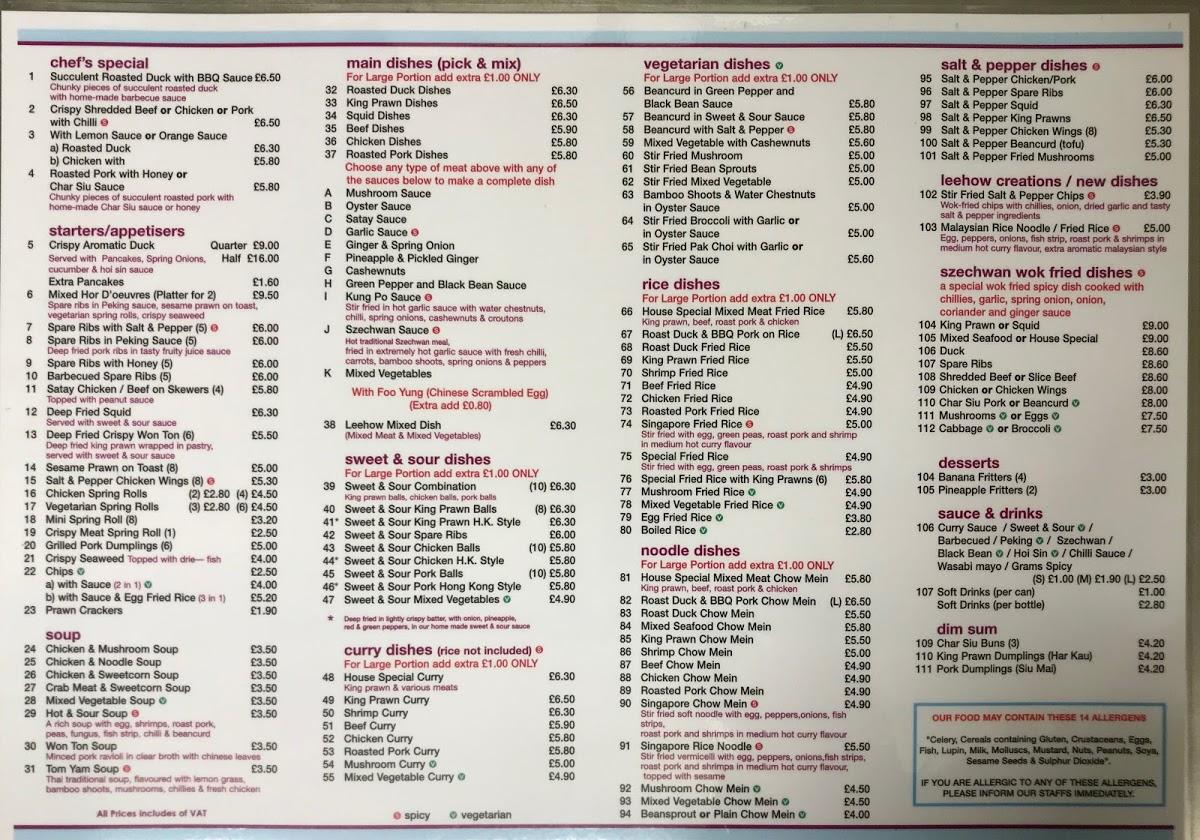 Menu at Lee How fast food, London, 77 Stoke Newington High St