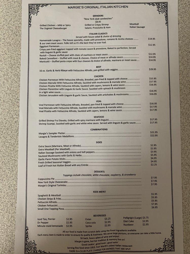 Menu at Margie's Original Italian Kitchen restaurant, Fort Worth