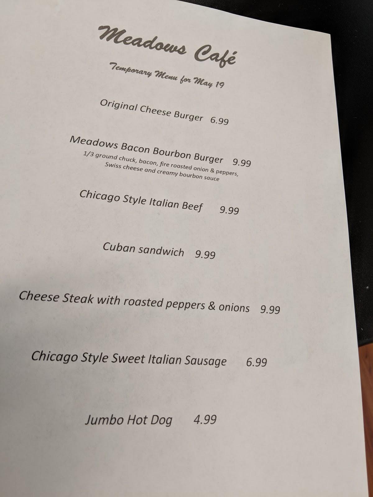 Menu at Meadows Cafe', Terre Haute