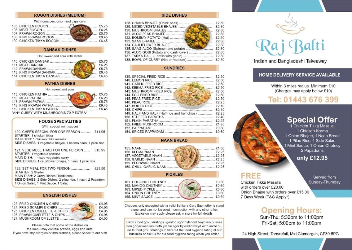 Menu at Raj Balti restaurant, Porth