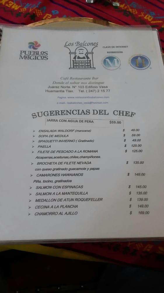 Carta de Restaurant Los Balcones, Huamantla, C. Juarez Nte. 103
