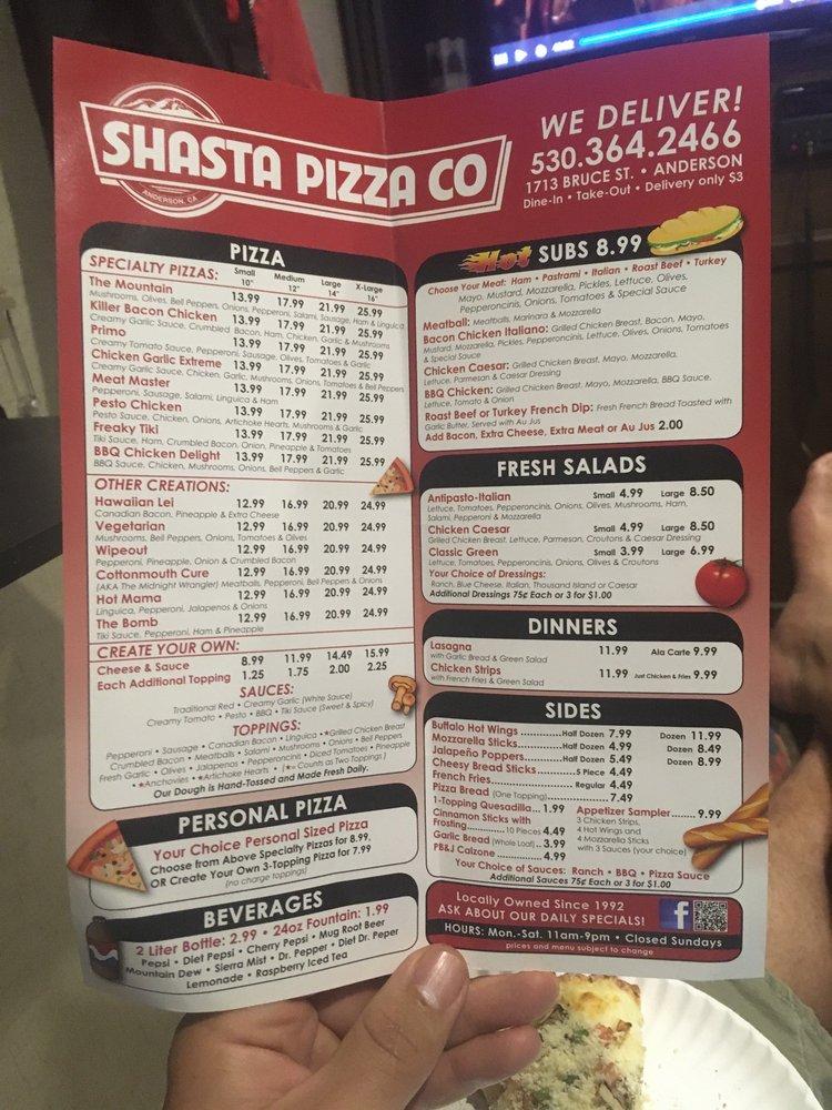 Menu at Shasta Pizza Company pizzeria, Anderson