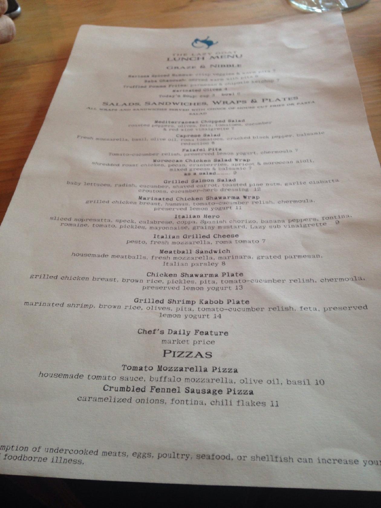Menu at The Lazy Goat restaurant, Greenville, 170 Riverplace