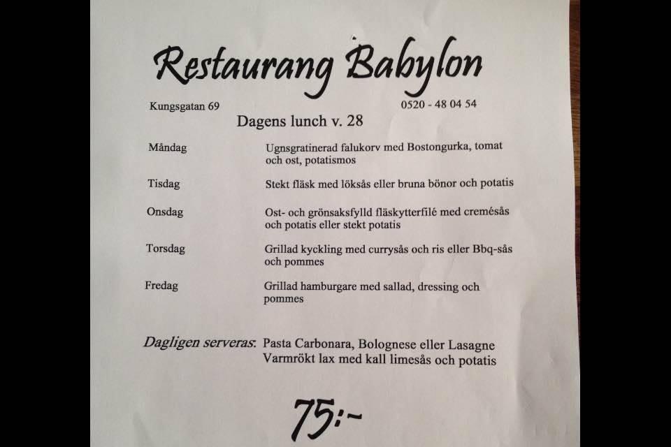 Menu at Babylon restaurant, Trollhättan