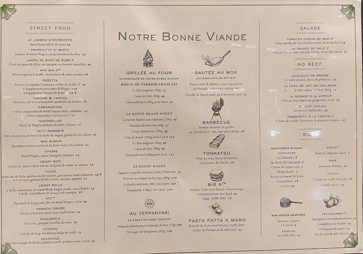 Menu at Beefbar, Paris, 5 Rue Marbeuf
