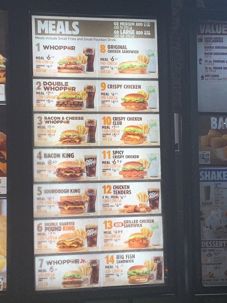 Menu at Burger King fast food, Nashville, 8th Ave S