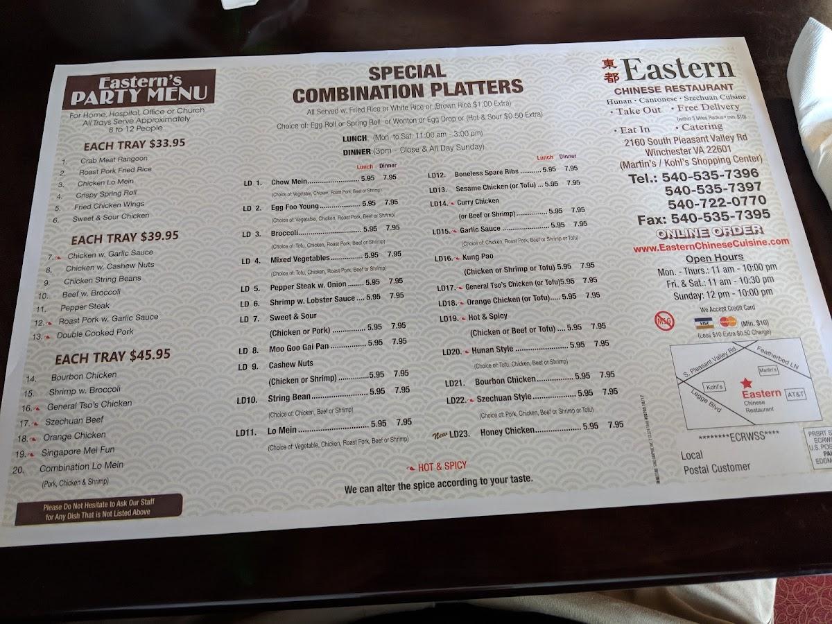 Menu at Eastern Chinese Restaurant, Winchester
