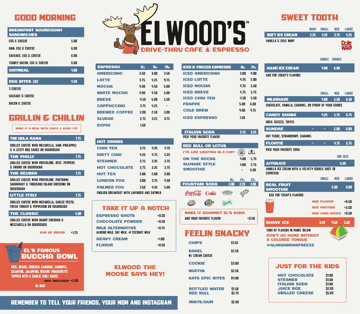 Menu at Elwood's Drive Thru cafe, Palmer