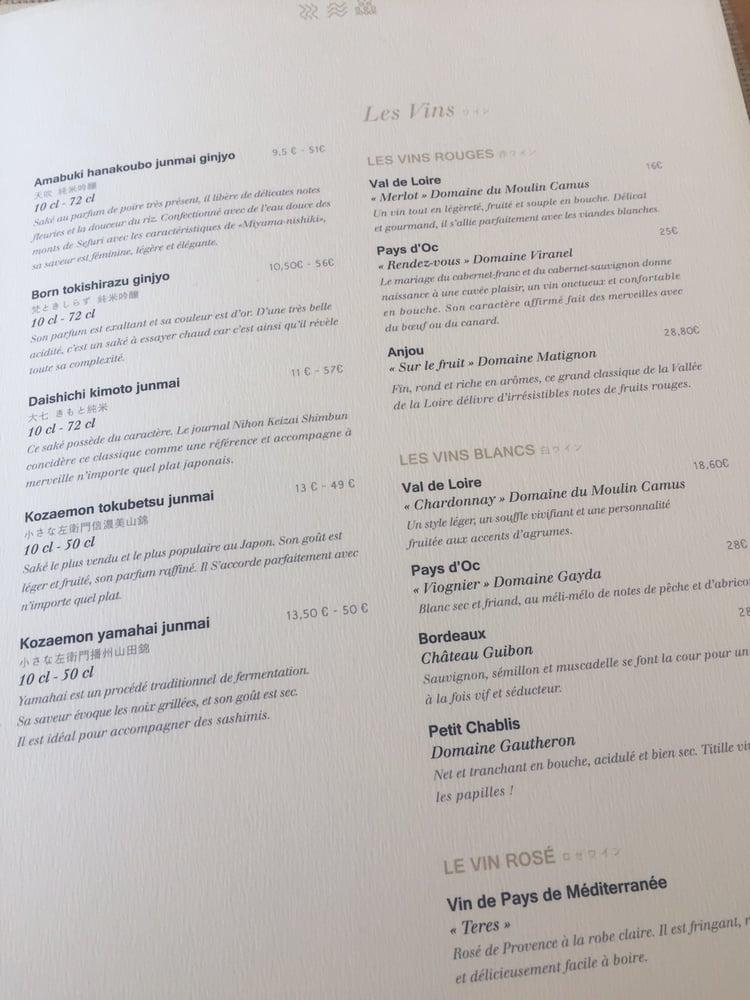 Menu au Izumi restaurant, Lille