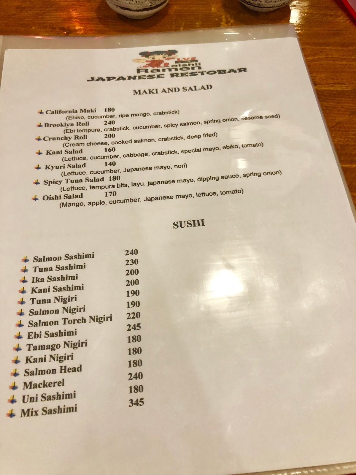 Menu at LVS Oishii Ramen Japanese Restobar, Bacolod