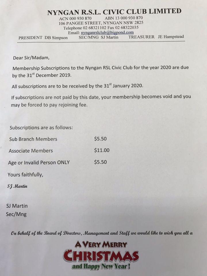 Menu at Nyngan RSL Civic Club, Nyngan