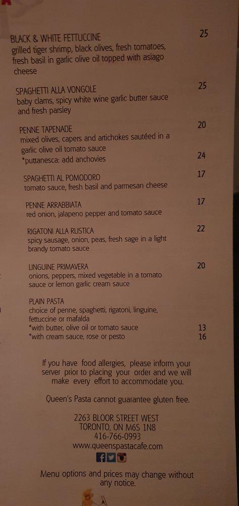 Menu at Queen's Pasta Cafe, Toronto, Bloor St W